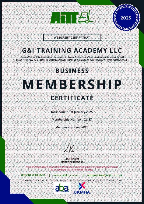 AITT Business Membership Certificate. - G&I Training Academy